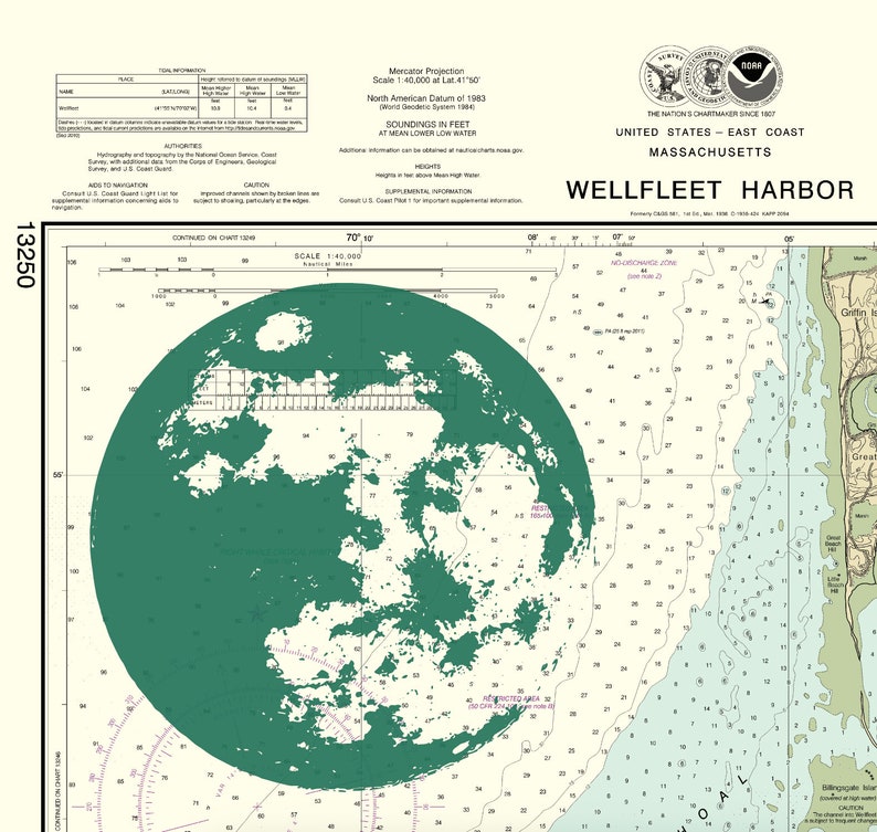 Wellfleet Route 6 Fire Tower NOAA Chart Moon Print, Cape Cod Bay Map ...