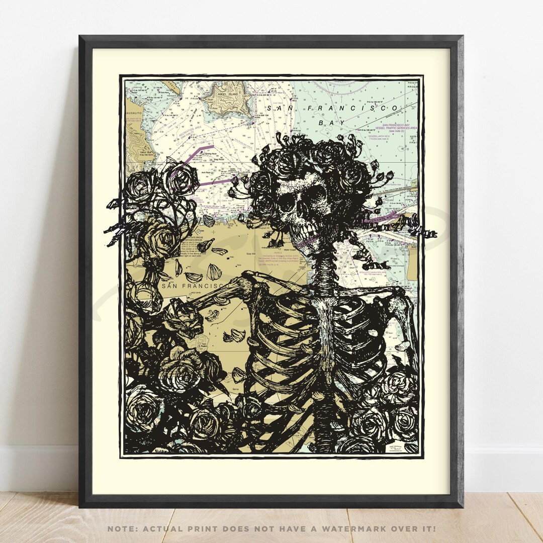 California | Skeleton & Roses San Francisco Nautical Art Print ...