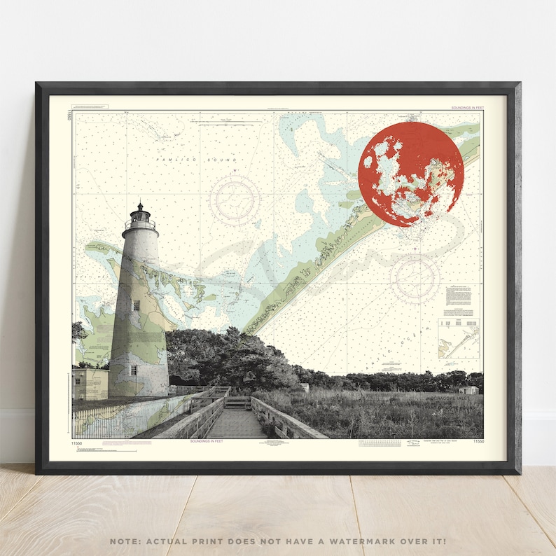 Ocracoke Island Lighthouse Art Print Unique Gift Outer Banks Nautical ...