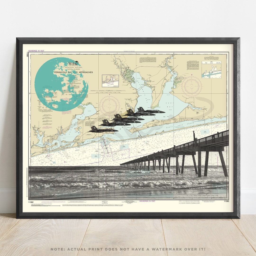 Florida | Blue Angels Nautical Art Print | Map of Pensacola Bay | Gulf ...