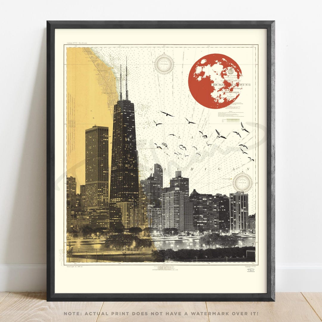 Illinois | Chicago Skyline Nautical Art Print | Lake Michigan Map ...