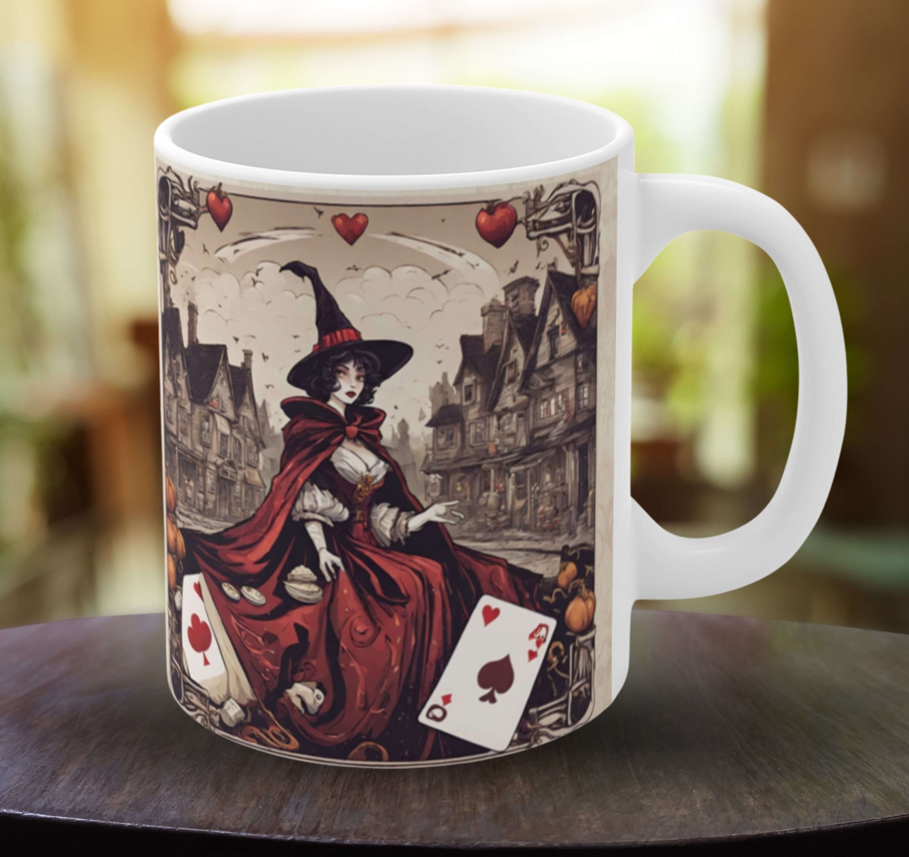 Queen of Hearts Playing Card Mug, Vintage Witch Mug, Red Dress Witch ...