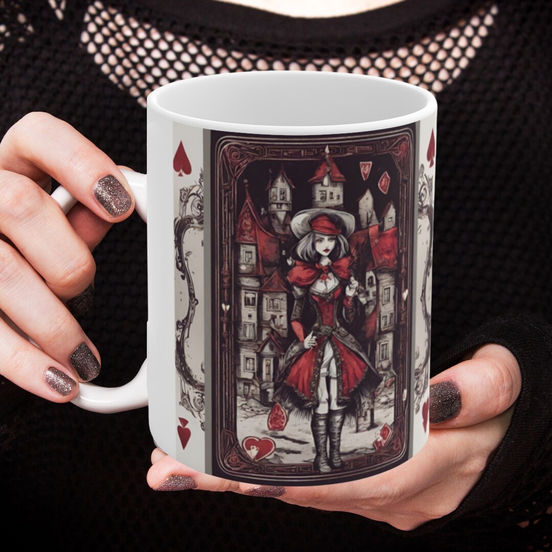 Queen of Hearts Mug, Playing Card Mug, Vintage Art Mug, Coffee Mug ...