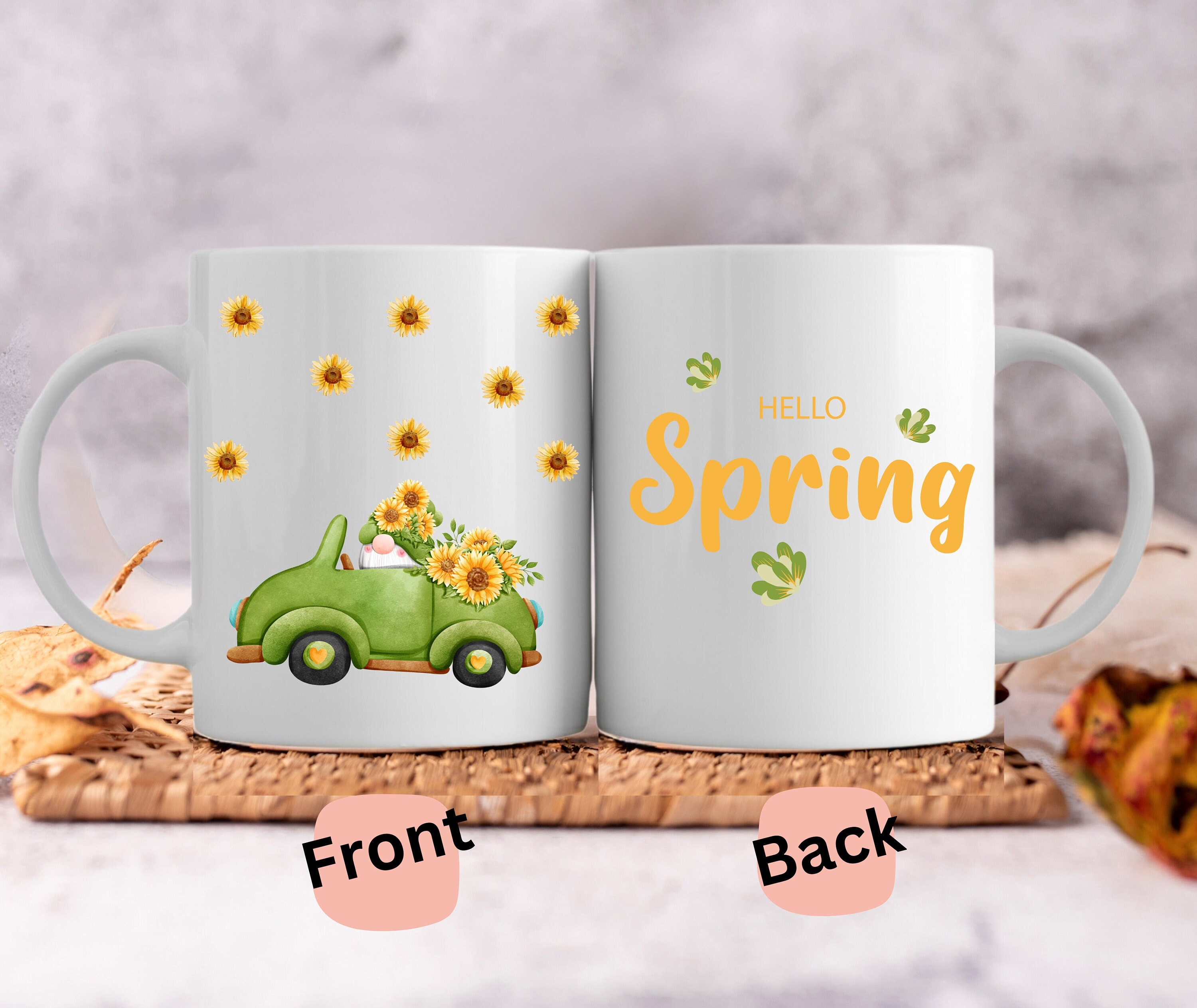 Hello Spring Mug, Sunflowers Mug, Cute Green Car Mug, Spring Lovers Mug ...