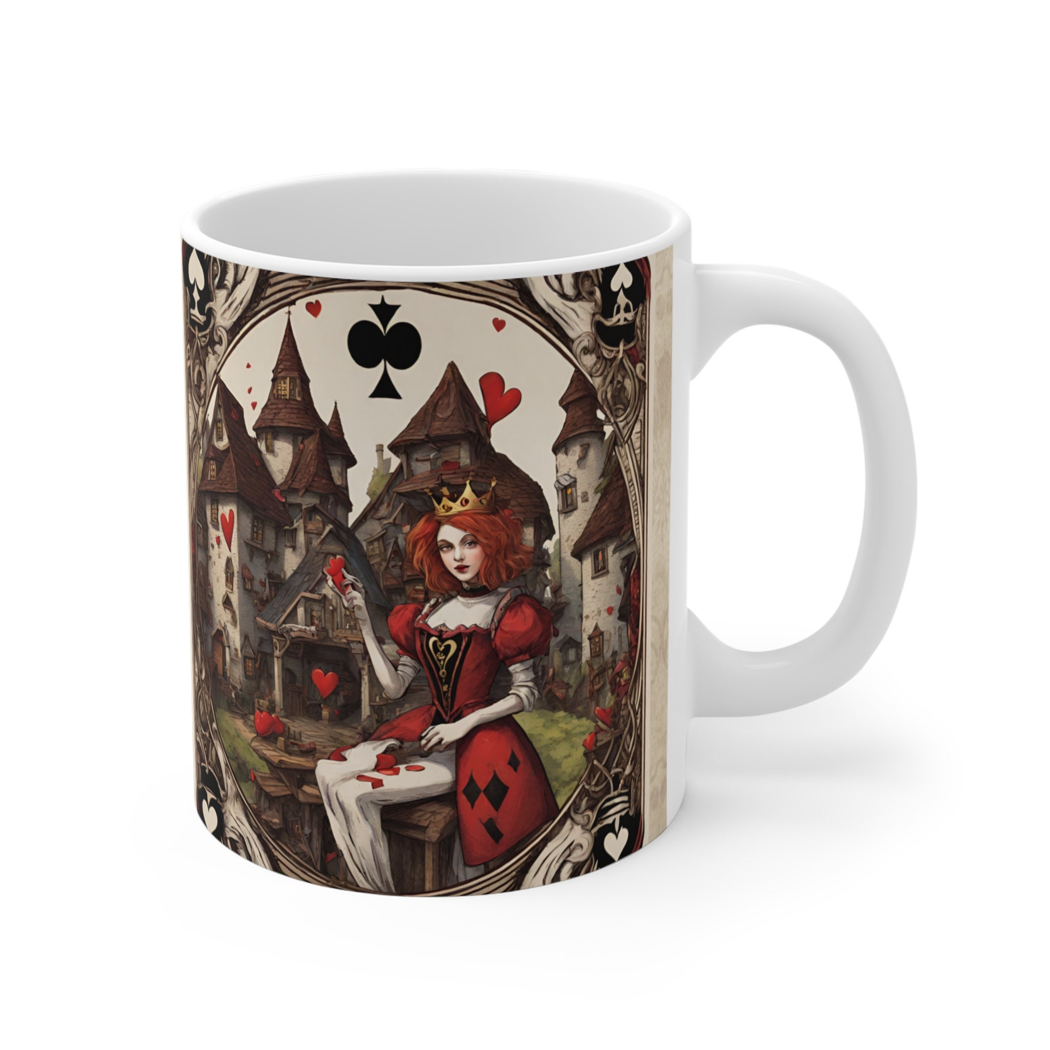 Red Hair Queen of Playing Card Mug, Vintage Witch Mug, Red Dress Queen ...