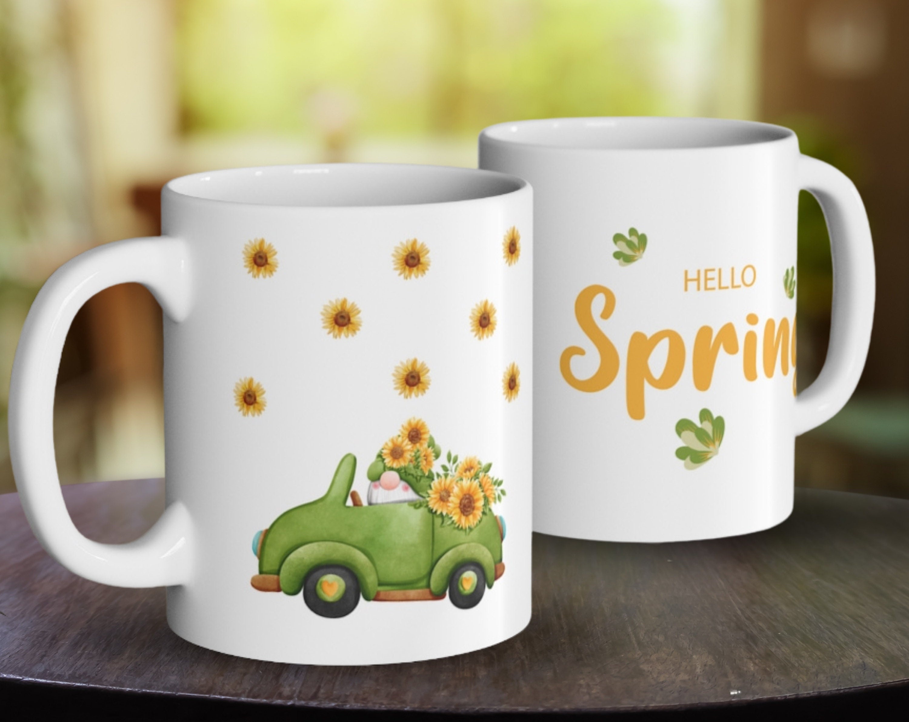 Hello Spring Mug, Sunflowers Mug, Cute Green Car Mug, Spring Lovers Mug ...