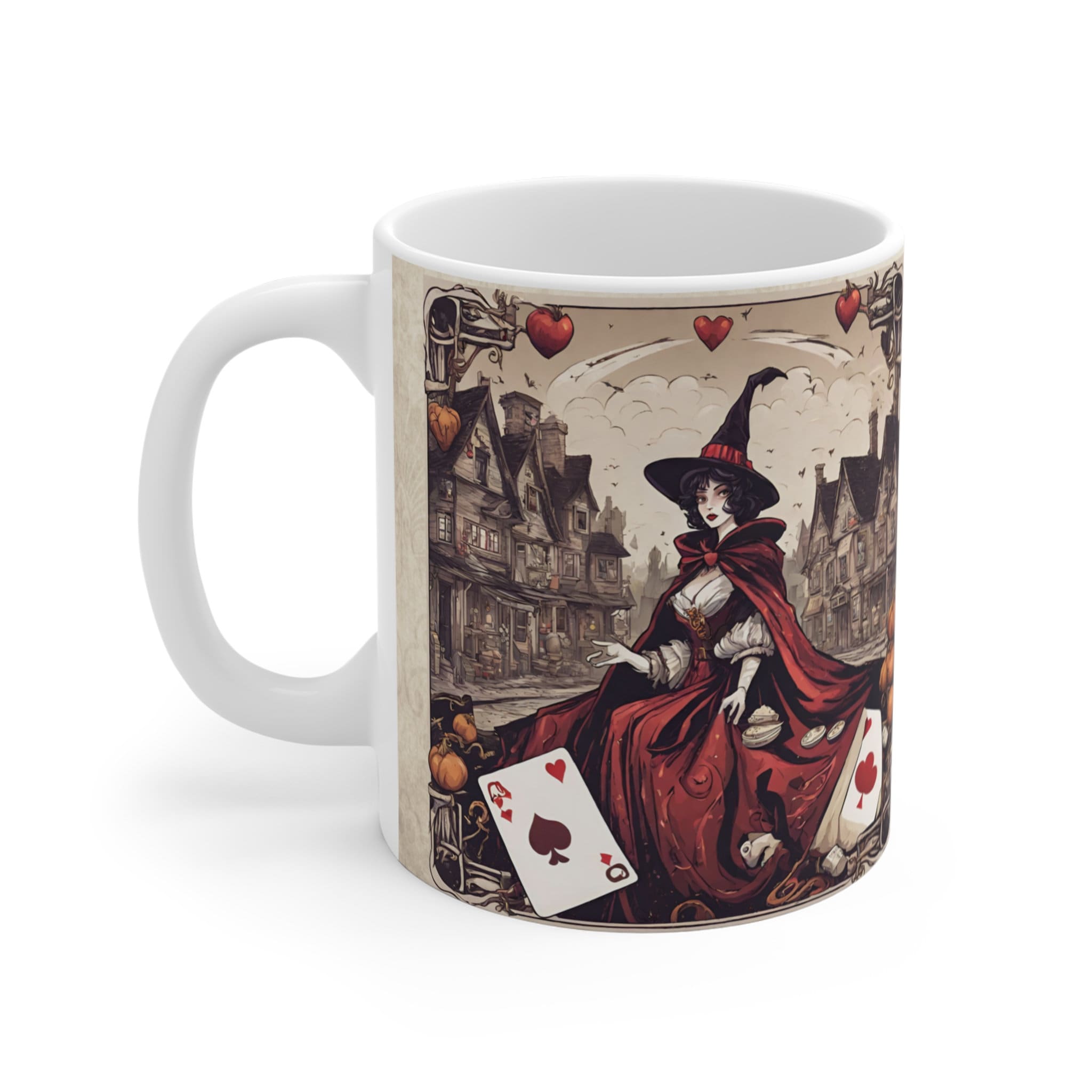 Queen of Hearts Playing Card Mug, Vintage Witch Mug, Red Dress Witch ...