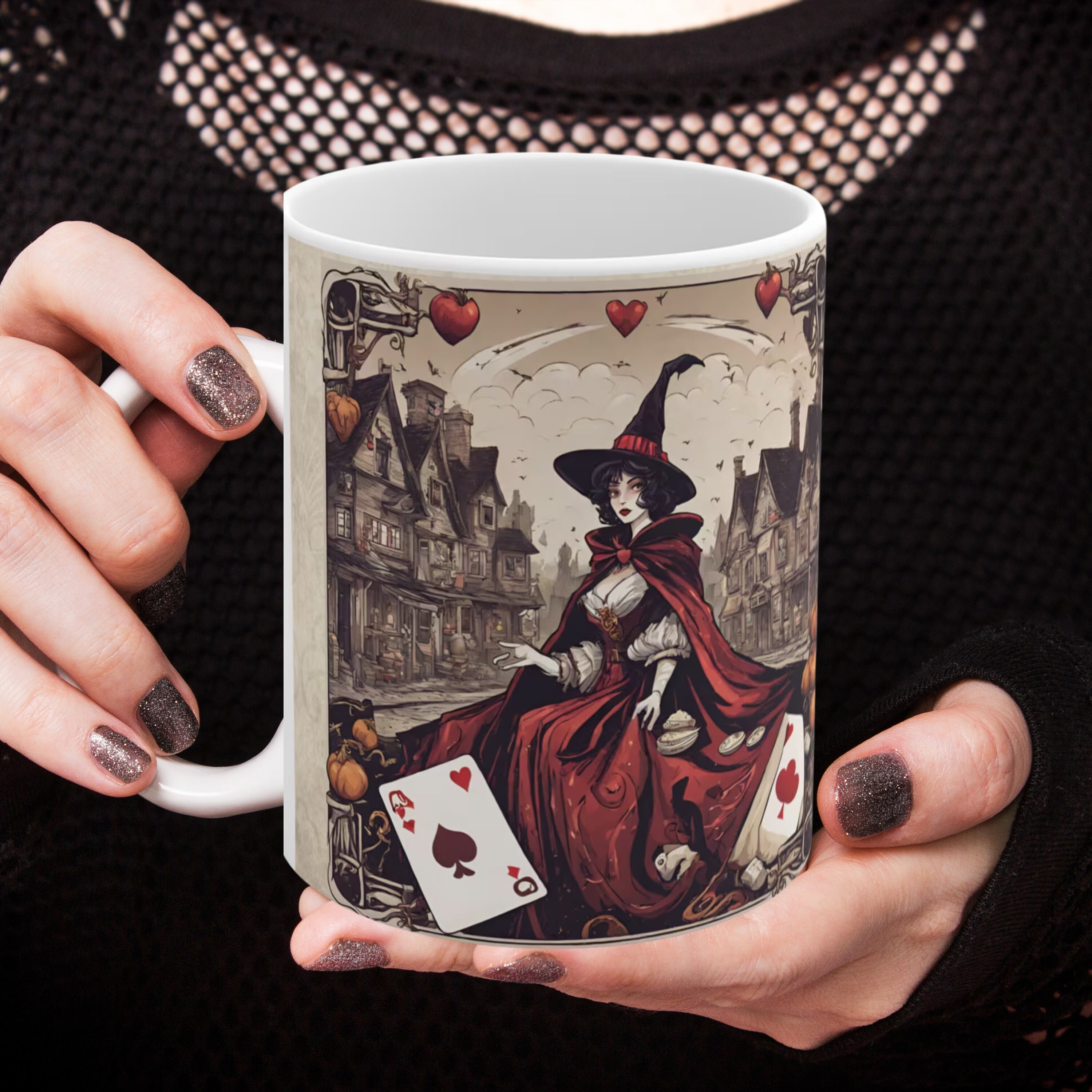 Queen of Hearts Playing Card Mug, Vintage Witch Mug, Red Dress Witch ...
