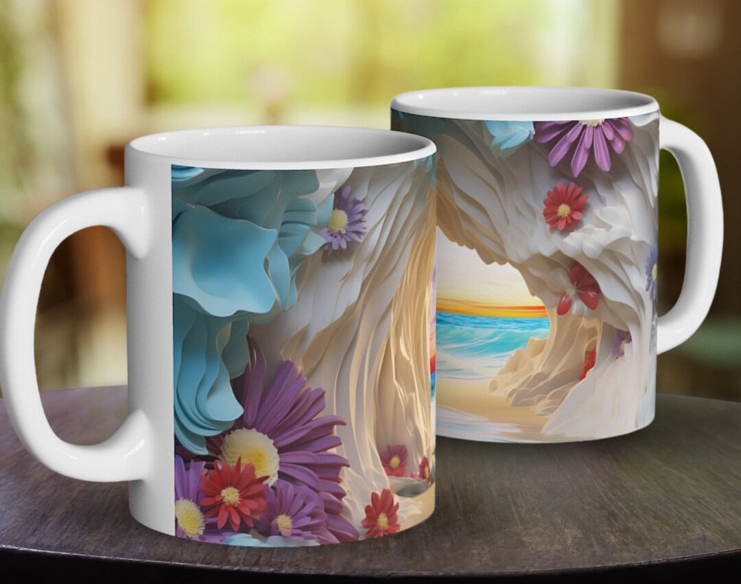 3D Beach Mug, Realistic Beach Mug, Beach Flower Mug, Coffee Mug, Office ...