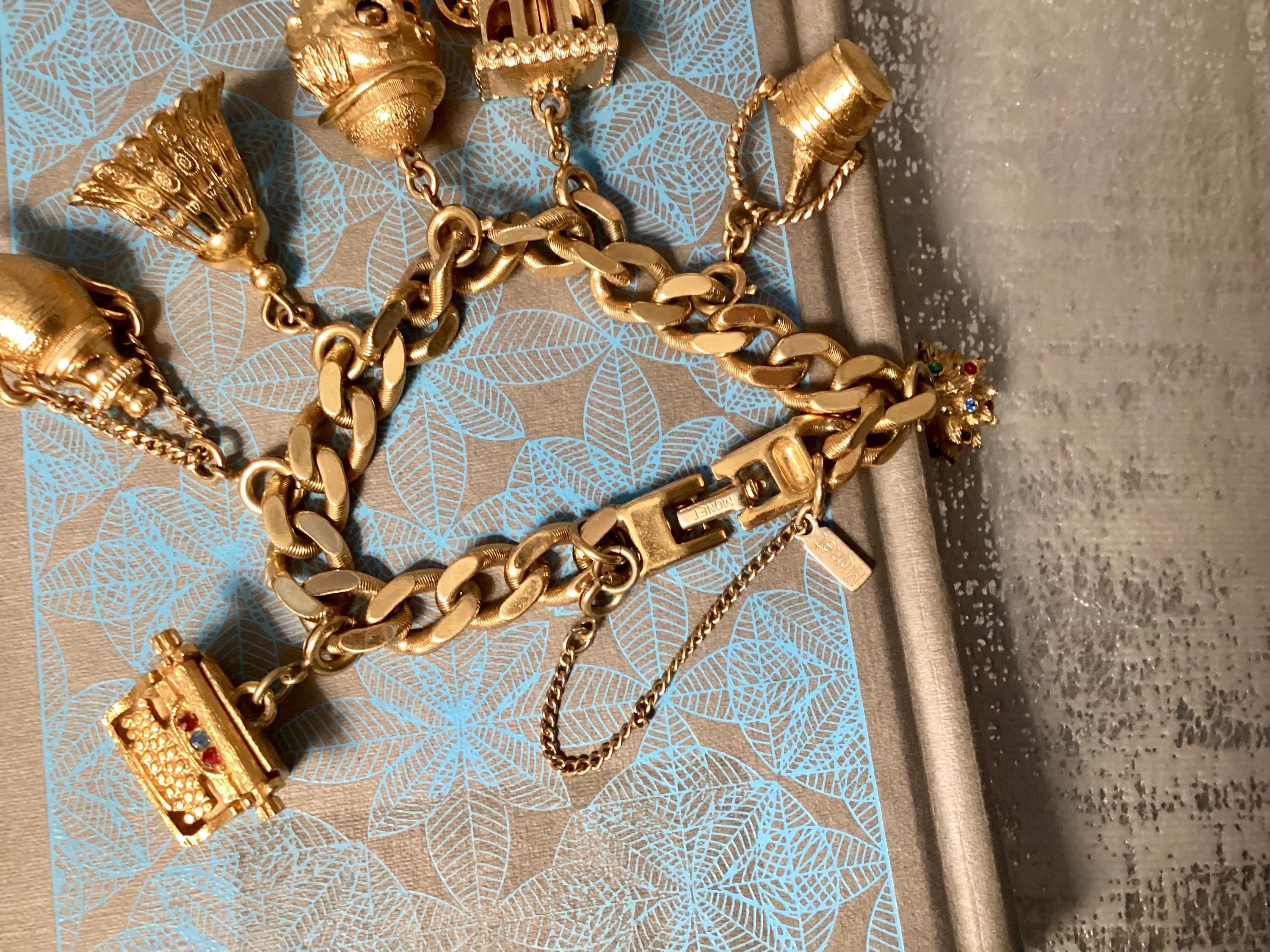 Monet Signed Vintage Gold Tone Charm Bracelet With Bejeweled Charms - Etsy