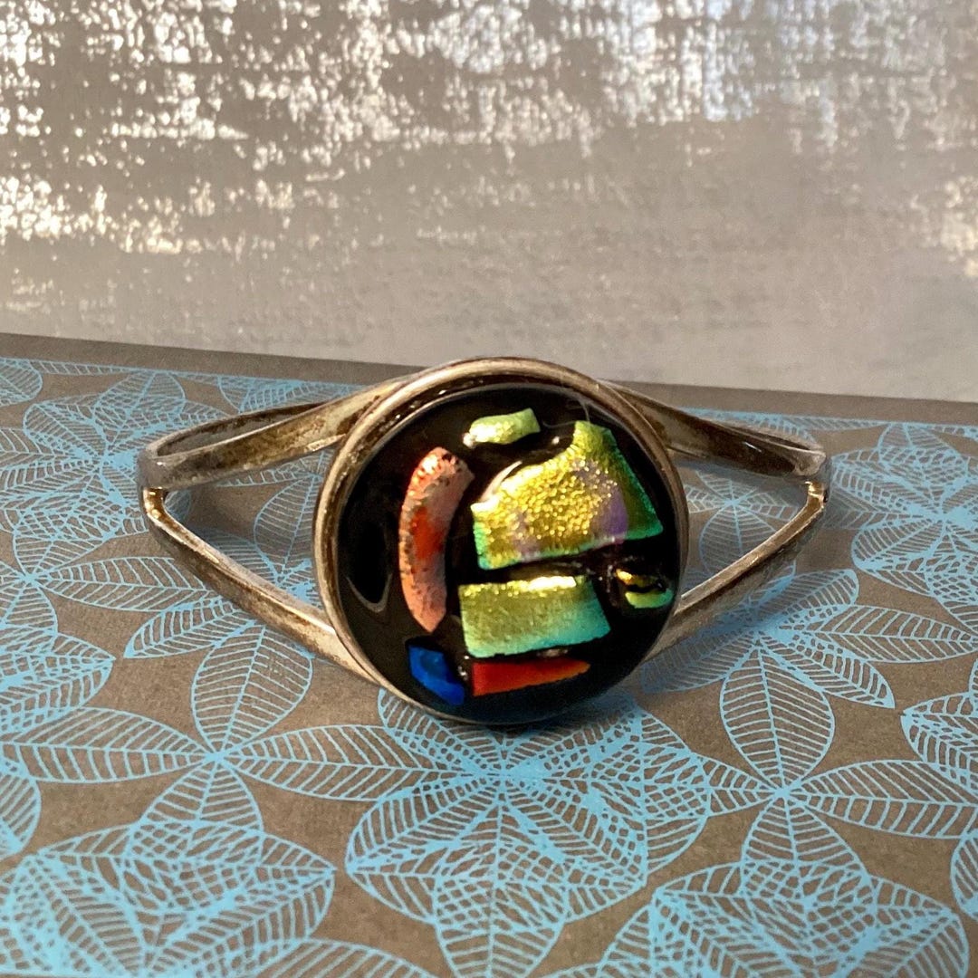 Multi Color Dichroic Glass Stone Vintage Silver Cuff Bracelet - Etsy