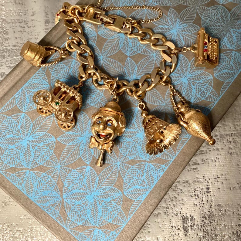 Monet Signed Vintage Gold Tone Charm Bracelet With Bejeweled Charms - Etsy