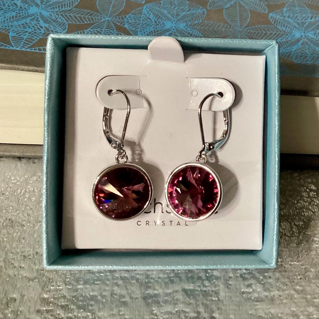 Purple Iris Swarovski Crystal Signed Touchstone Rhodium Coating Lulu Vintage Silver Dangle Drop ...