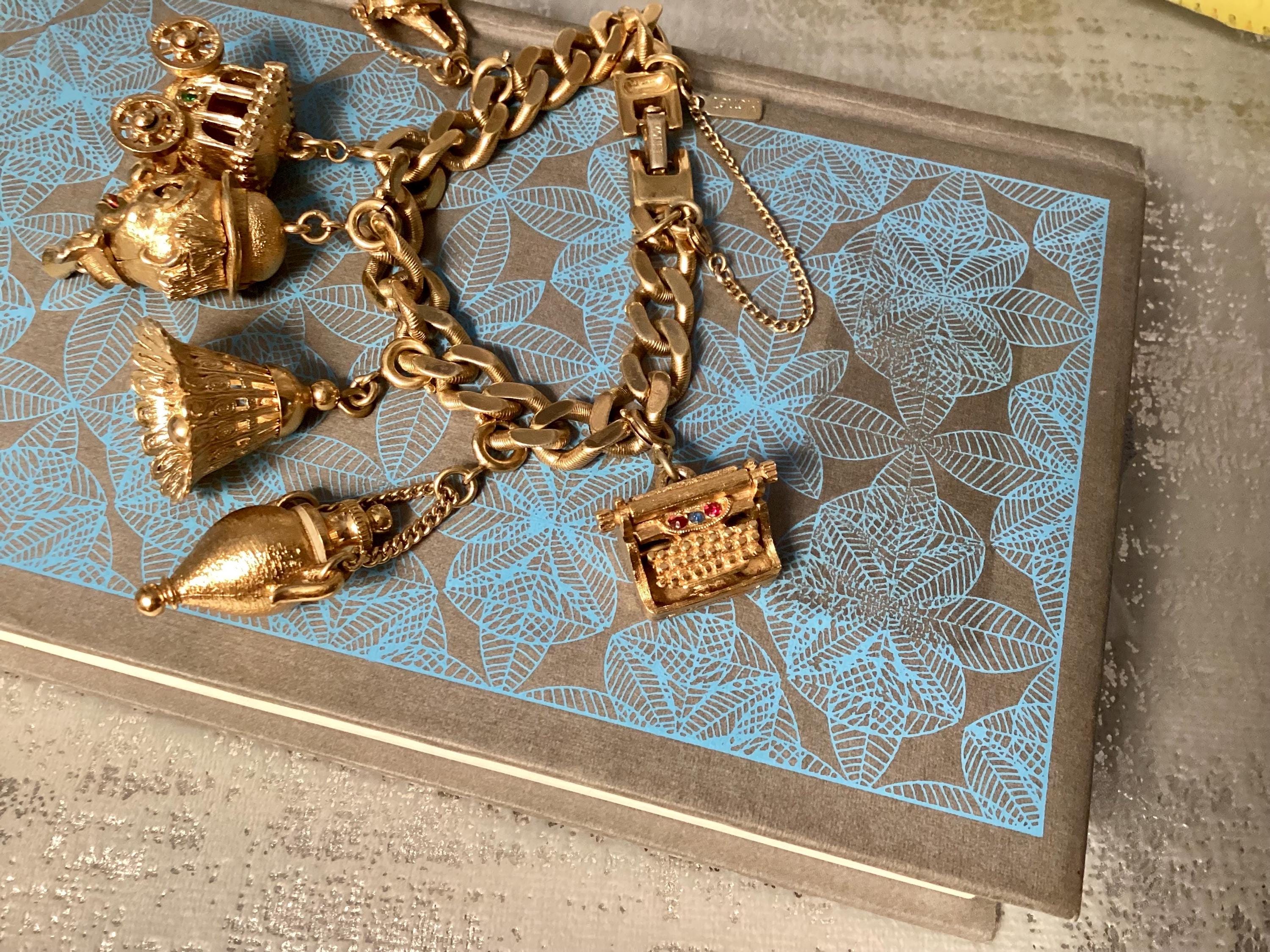 Monet Signed Vintage Gold Tone Charm Bracelet With Bejeweled Charms - Etsy