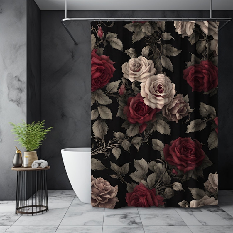 Moody Red Rose Floral Shower Curtain, Dark Shower Curtain, Gothic ...