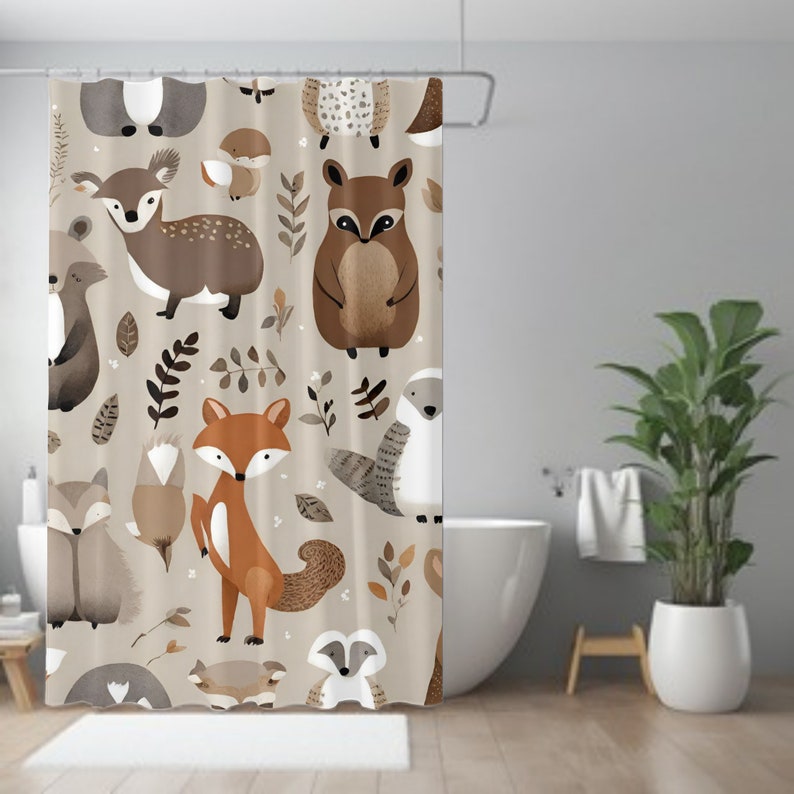 Woodland Neutral Animal Shower Curtain, Kids Bathroom Decor, Kids Cute ...