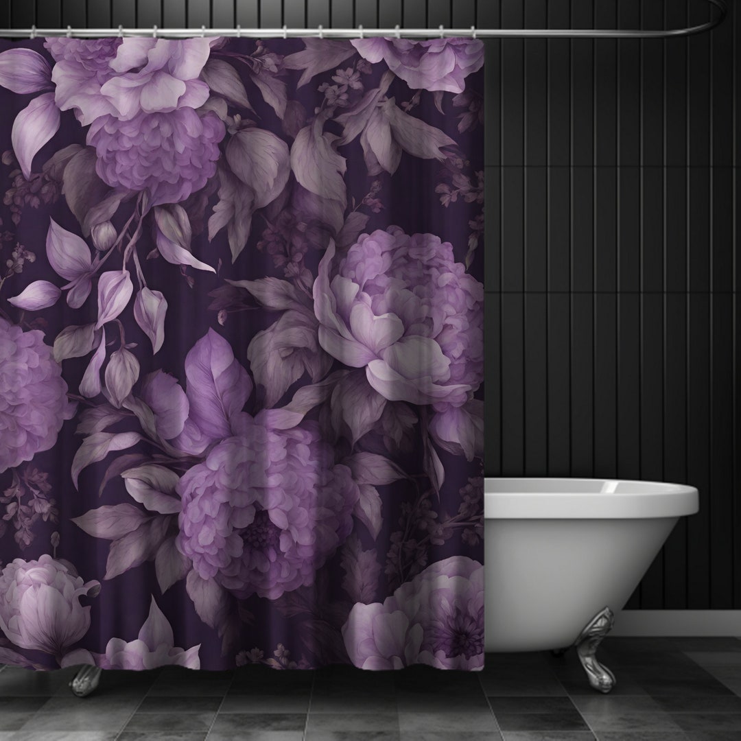 Purple Floral Shower Curtain, Moody Lilac Shower Curtain, Dark Bathroom ...