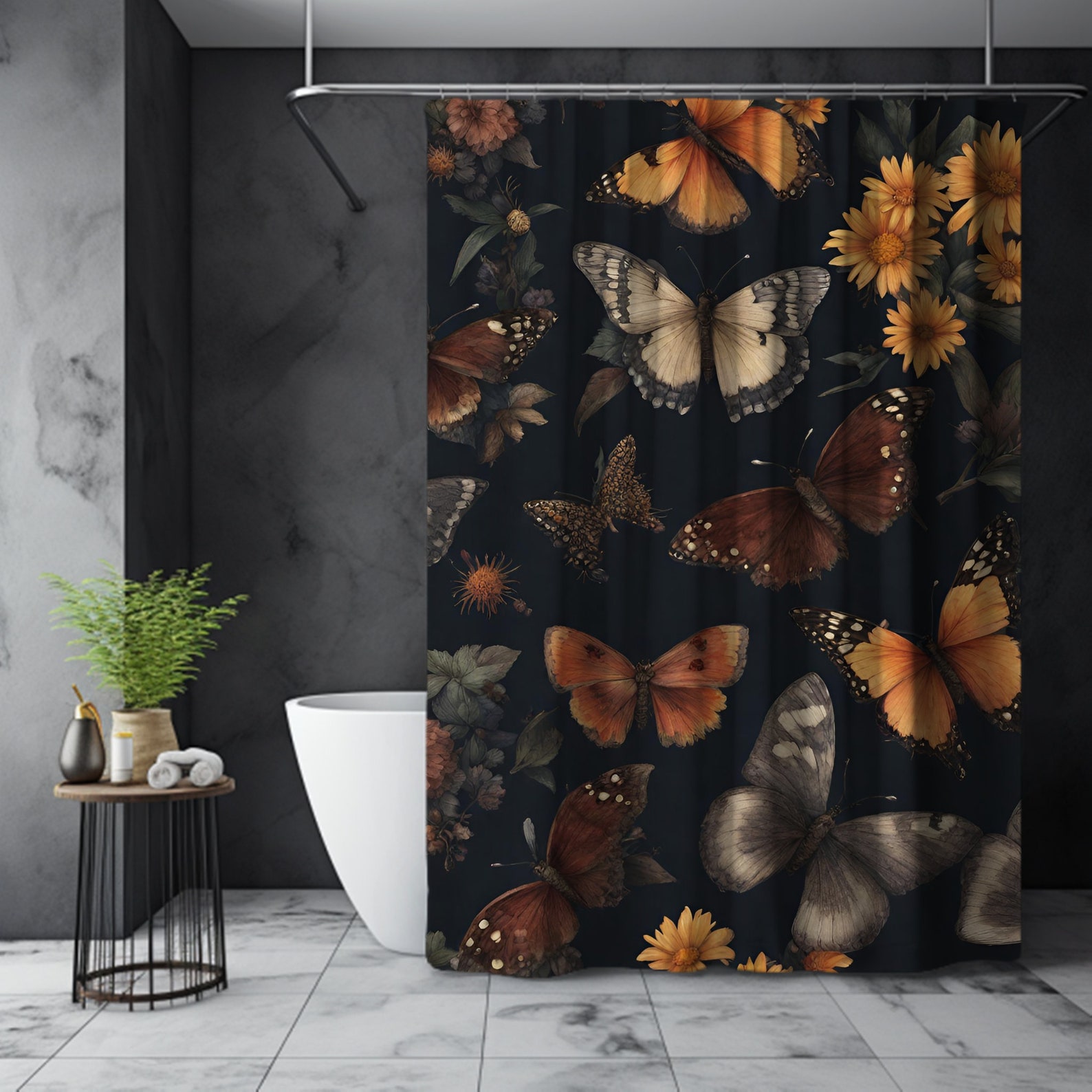 Cottagecore Butterfly Moody Shower Curtain, Dark Meadow Shower Curtain ...