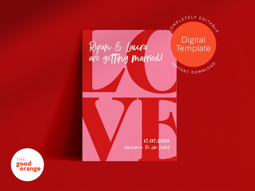 Colorful Wedding Save the Date / Retro Invitation / Pink Red Stationary ...