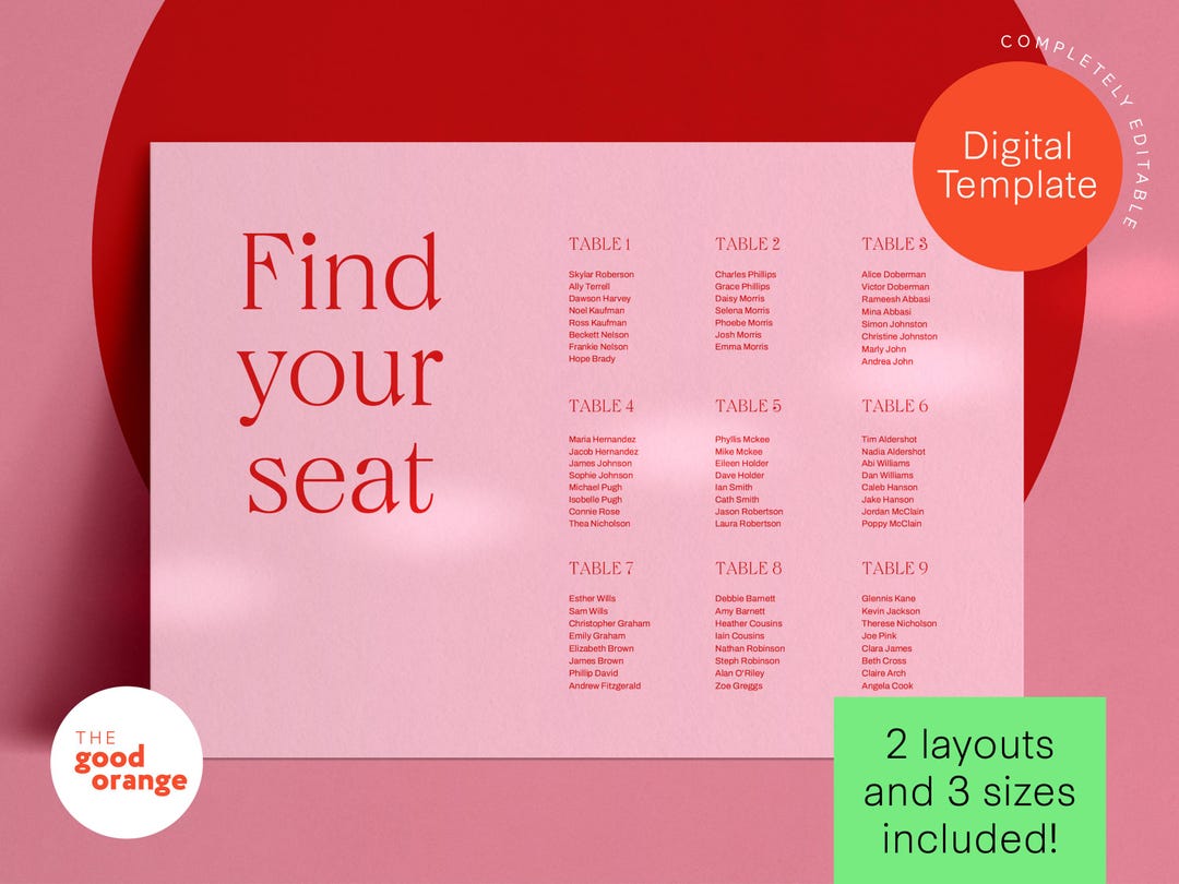 Pink and Red Wedding Table Plan Template / Editable Modern Wedding ...