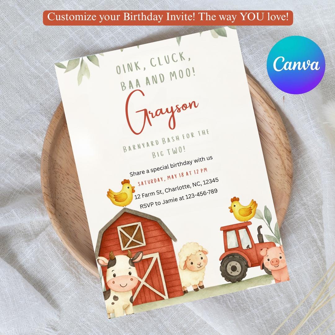 Customizable Farm Party Invite - Instant Download | Barn Animals Party ...