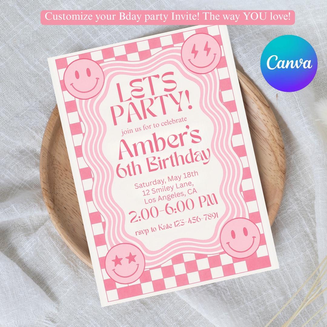 Preppy Wavy Checkered Birthday Invite - Retro Smiley Party Invitation ...