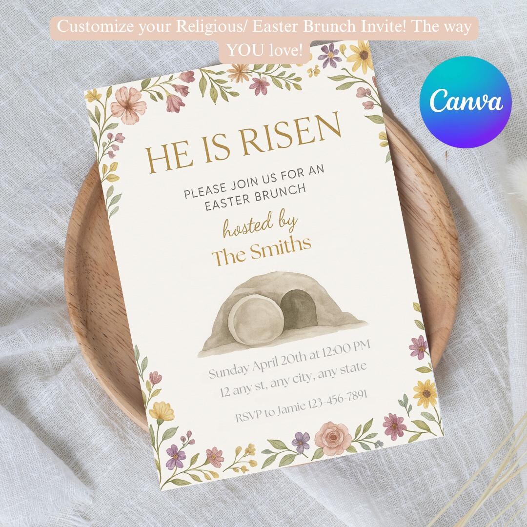 Religious Easter Church Invitation | He is Risen Editable Template ...