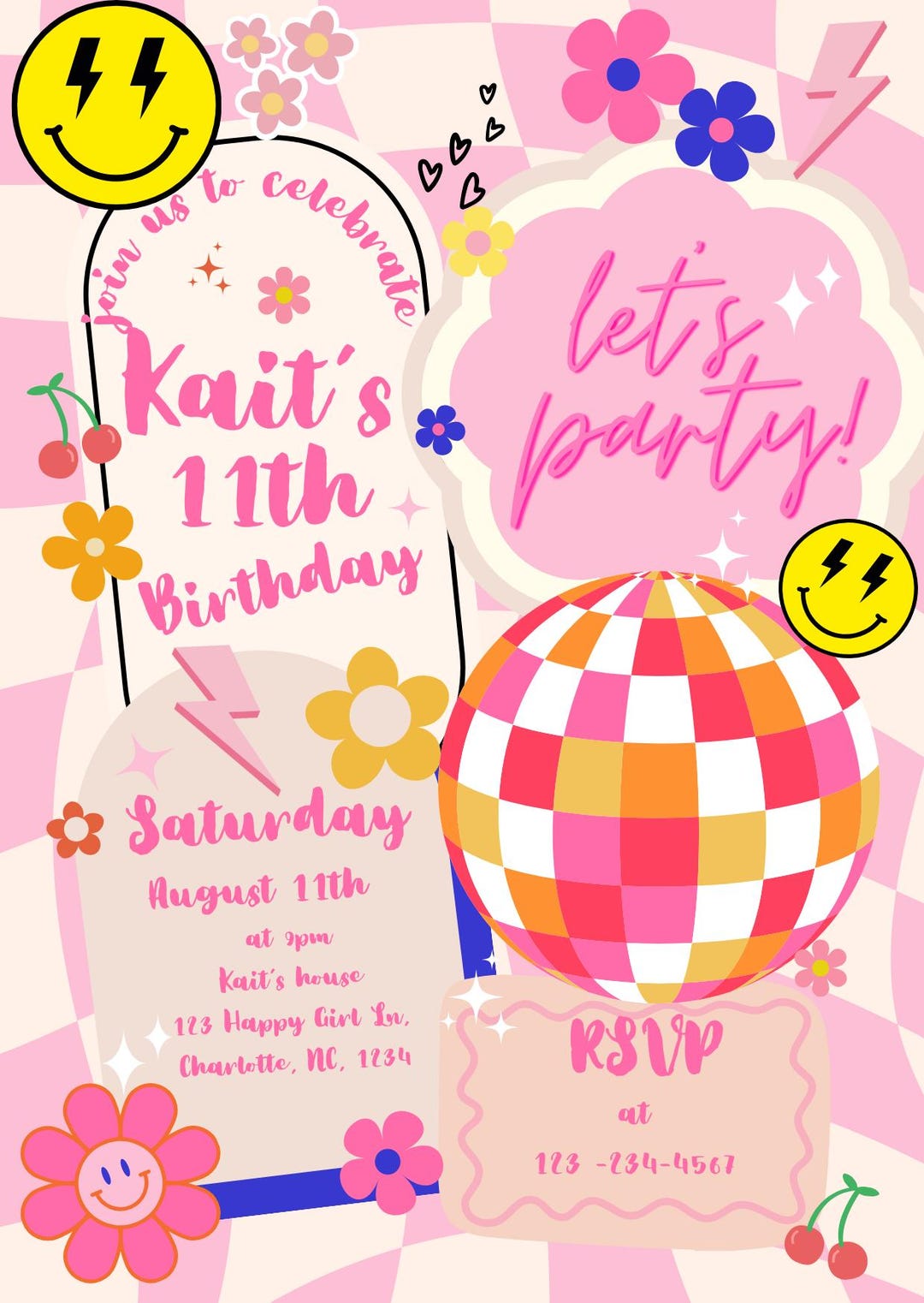 Editable Let's Party Checkered Smile Face Invitation Retro Groovy ...