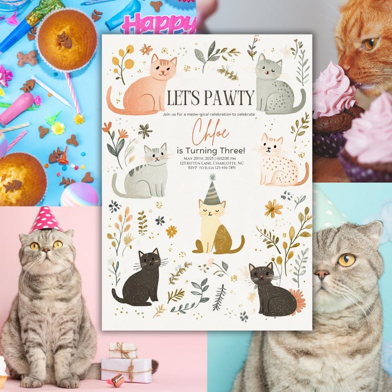 Cat Birthday Invite | Cat Invite | Cat Party Invitation | Kitty ...