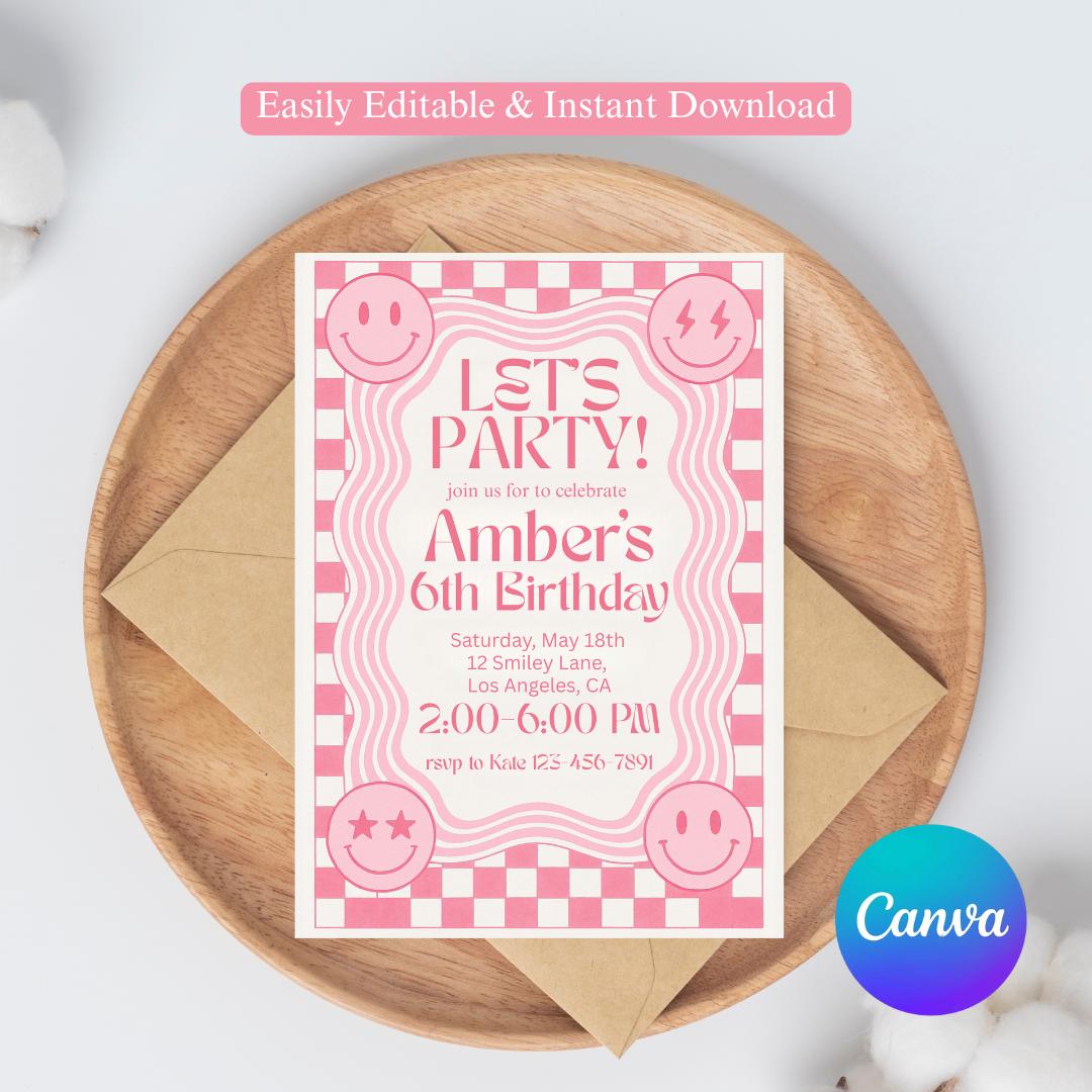 Preppy Wavy Checkered Birthday Invite - Retro Smiley Party Invitation ...