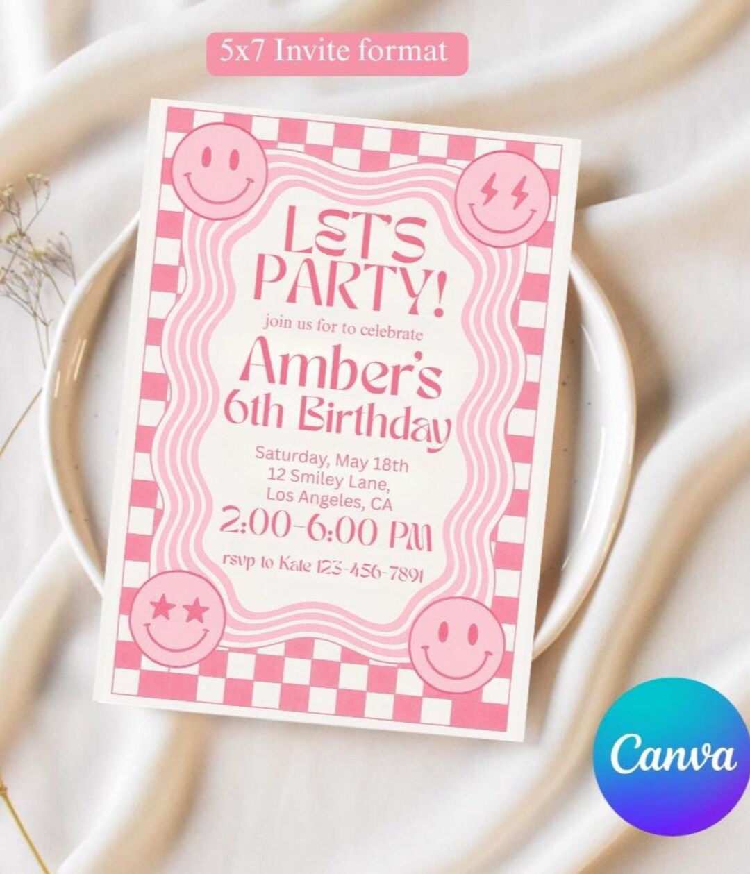 Preppy Wavy Checkered Birthday Invite - Retro Smiley Party Invitation ...