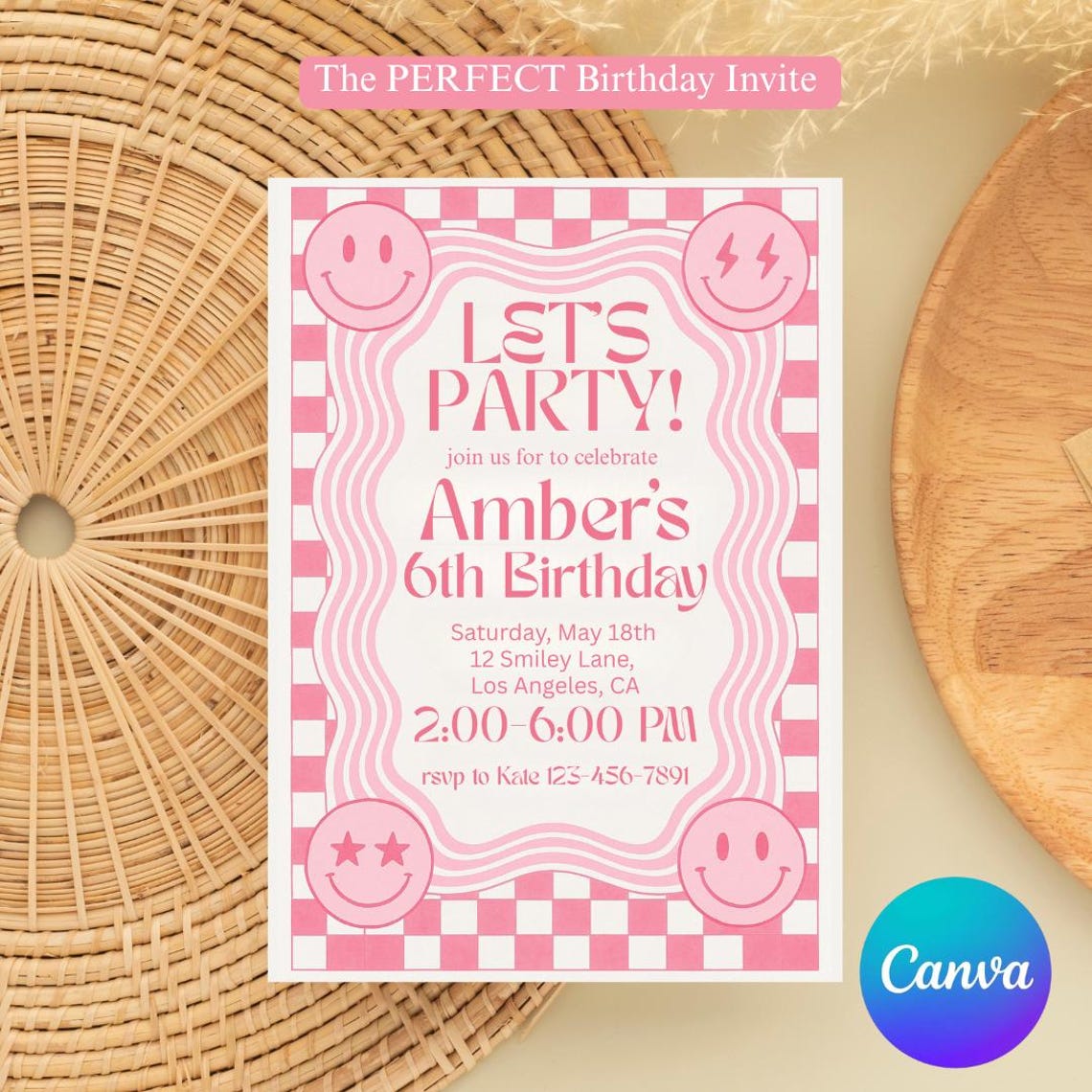 Preppy Wavy Checkered Birthday Invite - Retro Smiley Party Invitation ...