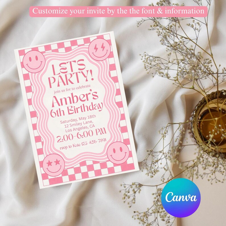 Preppy Wavy Checkered Birthday Invite - Retro Smiley Party Invitation ...