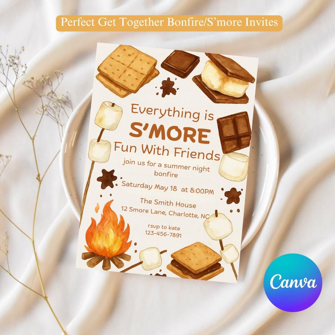 S’mores & Bonfire Birthday Invite | Camping Party Invitation Template ...