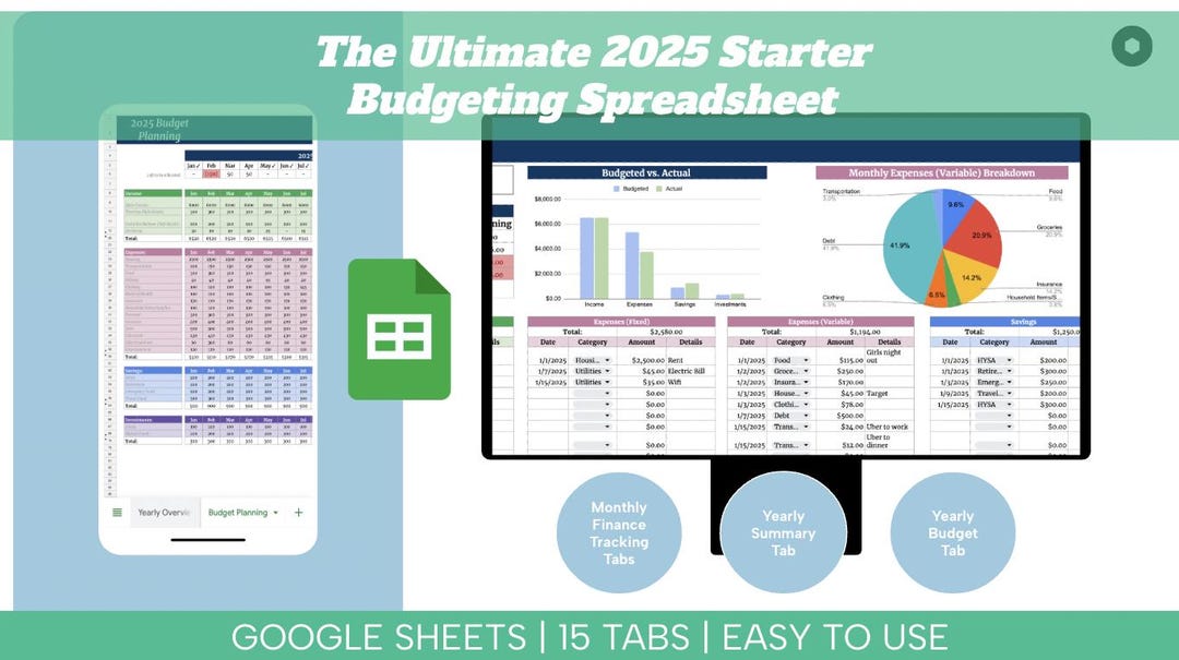 Simple 2025 Starter Budget and Finance Tracker, Monthly and Yearly ...