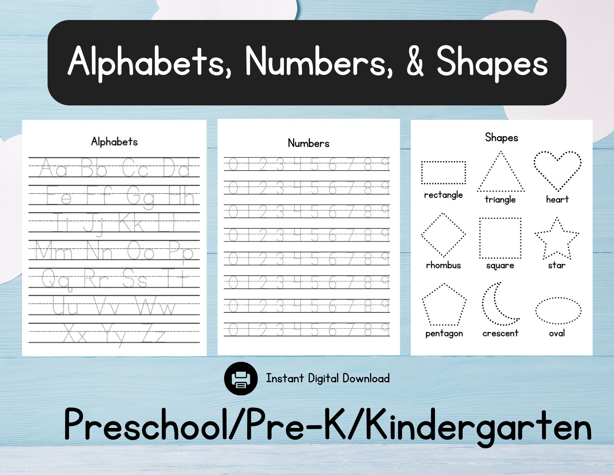 Printable Alphabets, Number, Shapes Tracing Sheets/handwriting Practice ...