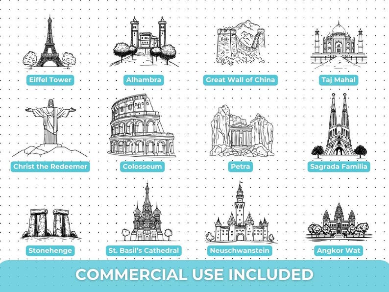 World Landmarks SVG PNG Bundle | Travel Clipart Collection | Eiffel ...