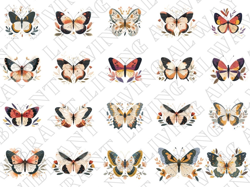 Boho Butterfly Clipart Bundle Floral Butterfly PNG Set for Trendy Decor ...