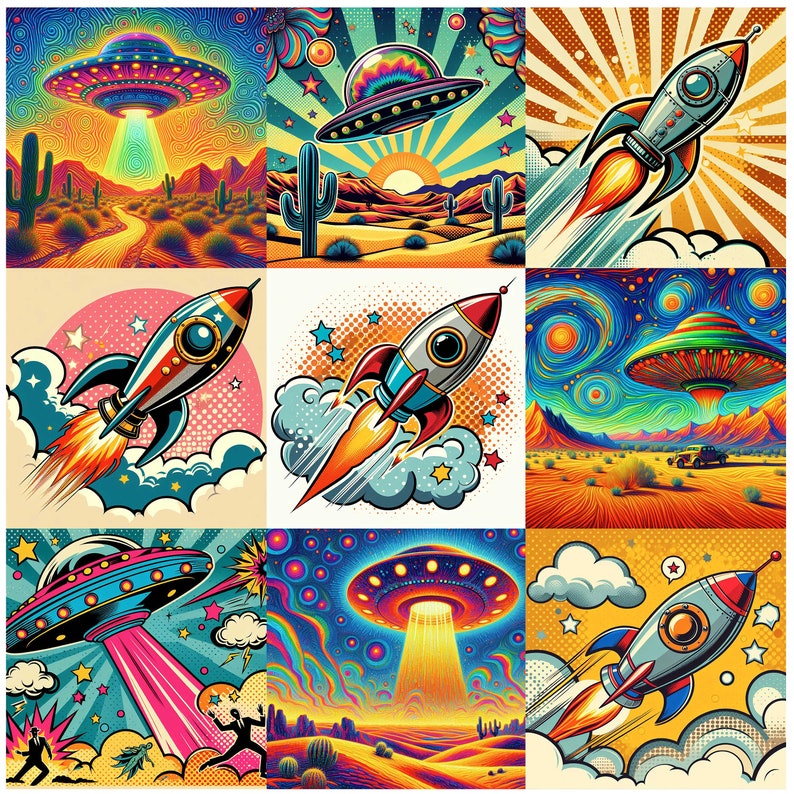 Retro Rockets and Ufo's Clipart PNG Files - Etsy