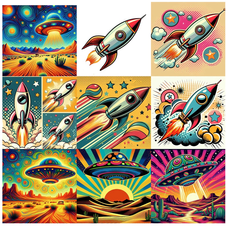 Retro Rockets and Ufo's Clipart PNG Files - Etsy