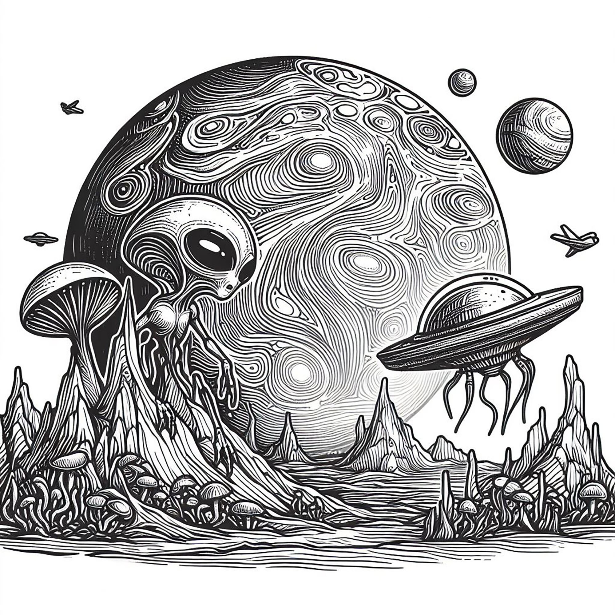 Blast off on a UFO Coloring Adventure: Explore Imaginary Alien Planets ...