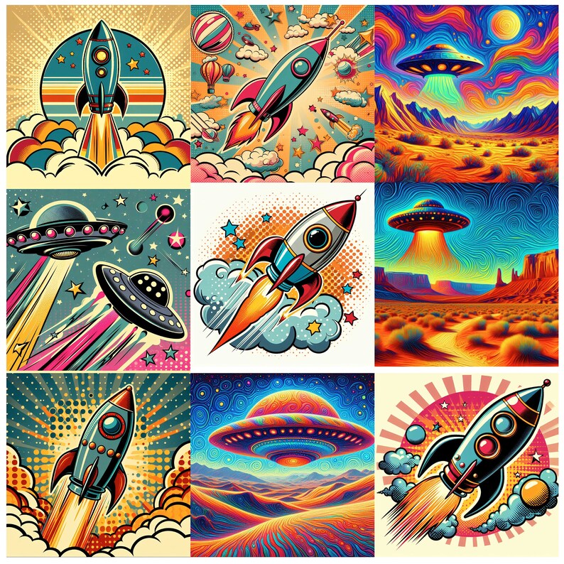 Retro Rockets and Ufo's Clipart PNG Files - Etsy