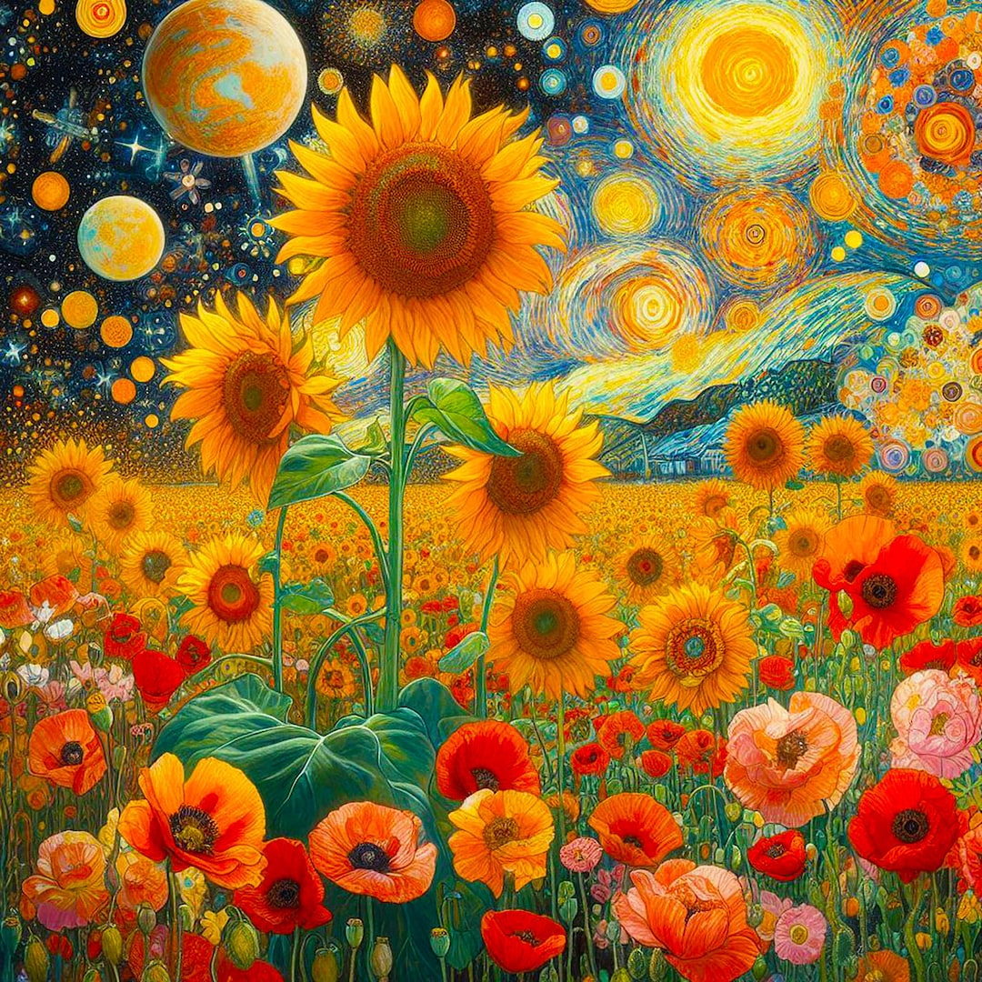 Van Gogh Dream Garden Print | Psychedelic Sunflower Landscape (digital ...