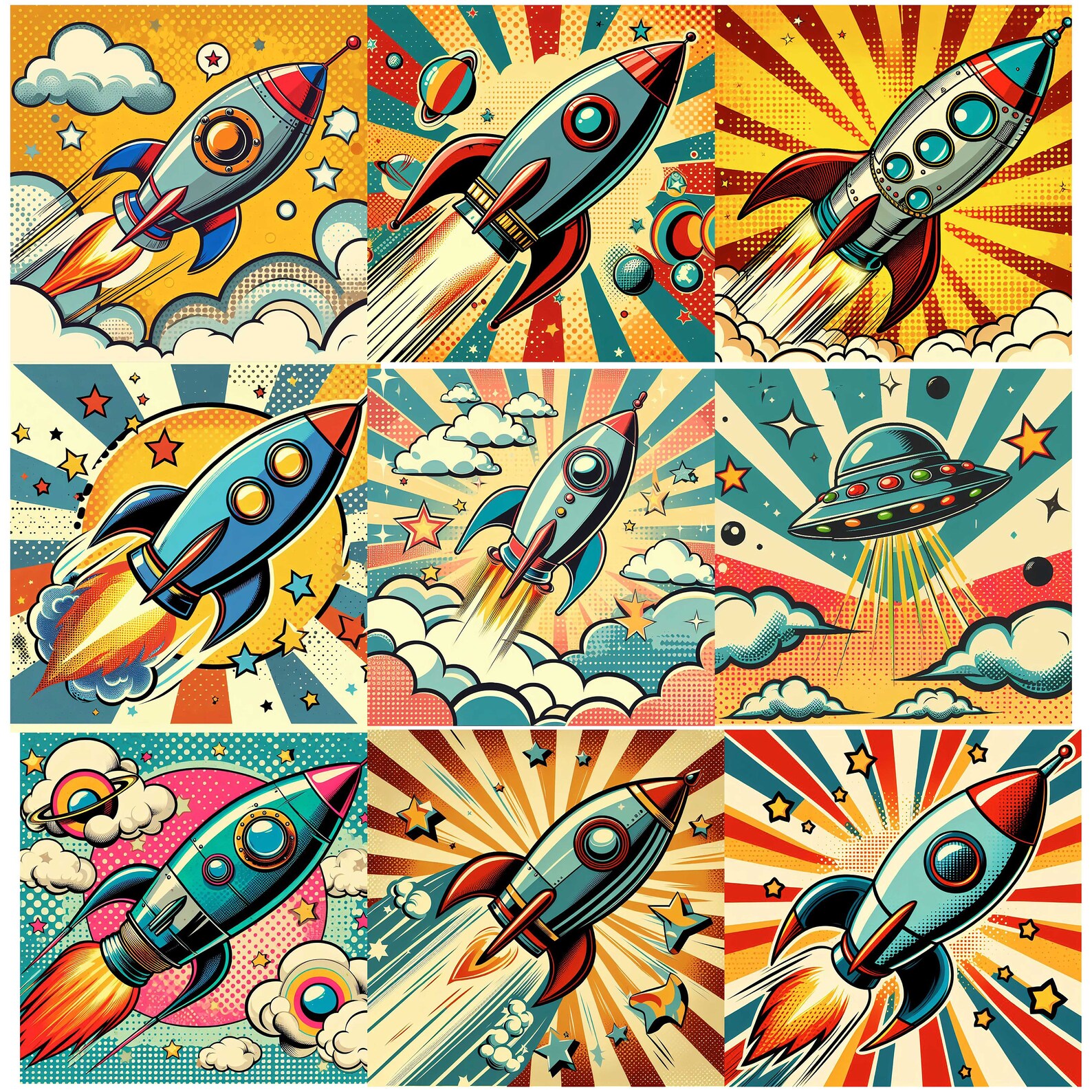 Retro Rockets and Ufo's Clipart PNG Files - Etsy