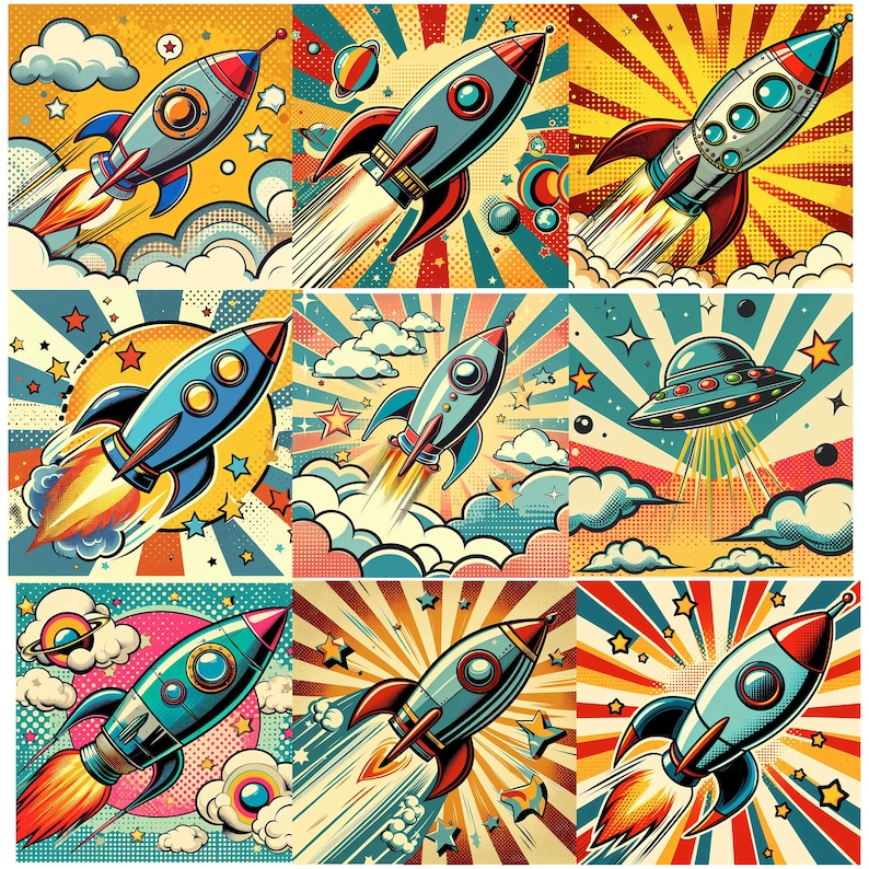 Retro Rockets and Ufo's Clipart PNG Files - Etsy