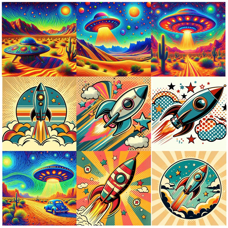 Retro Rockets and Ufo's Clipart PNG Files - Etsy