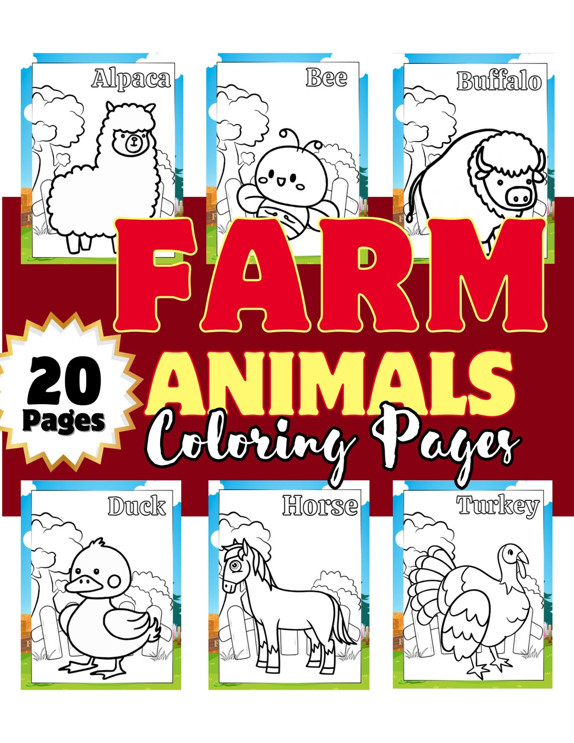 Farm Animal Coloring Pages for Kids, Farm Activity Sheet, Farm Birthday ...
