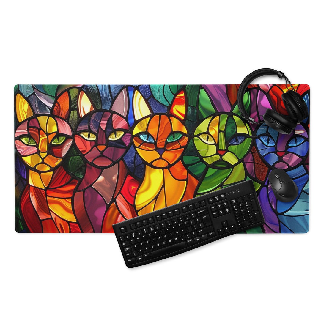 Five Cats Stained Glass Oversized Gamer Mousepad Cute Cat Playmat Cat ...