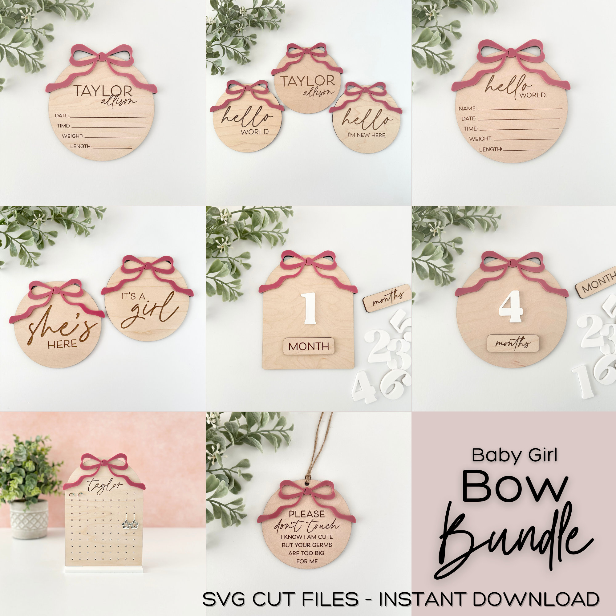 Baby Girl Bow SVG Collection Bundle | Birth Stats Laser File | Monthly ...