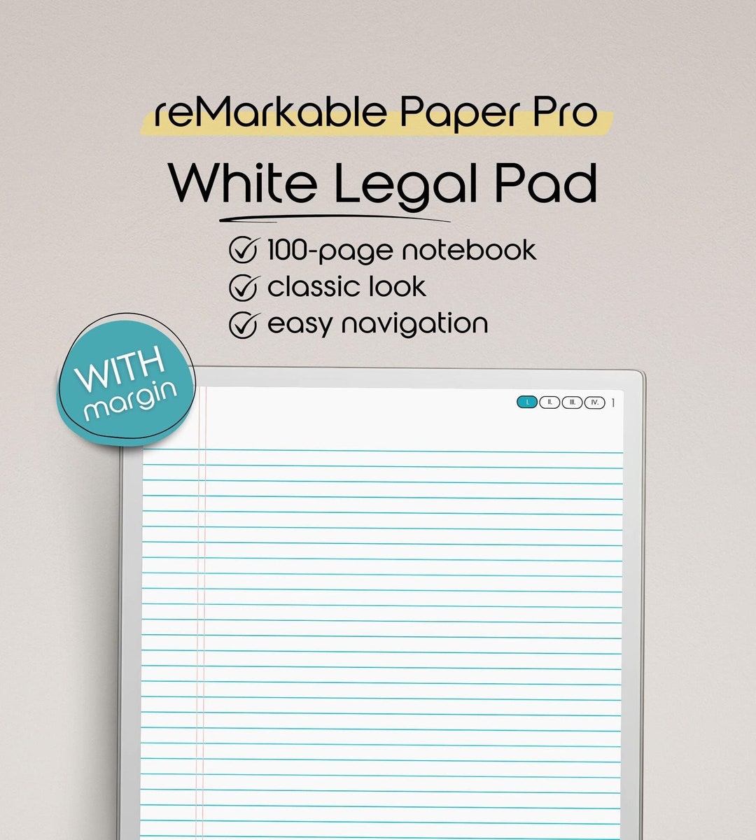 White Legal Pad Notebook for Remarkable Paper Pro, Remarkable 2 | Lined ...